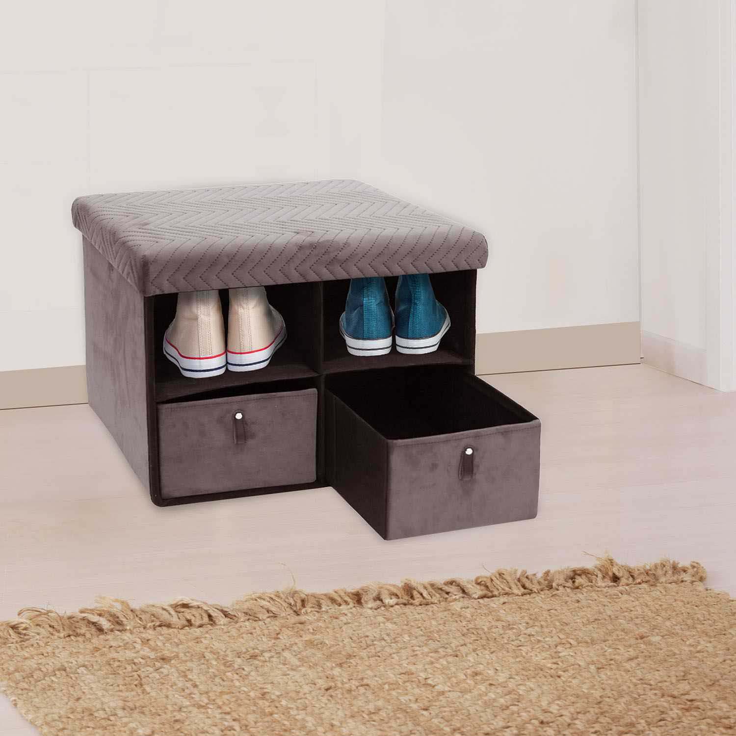 Banc pliable en velours avec tiroirs et rangements