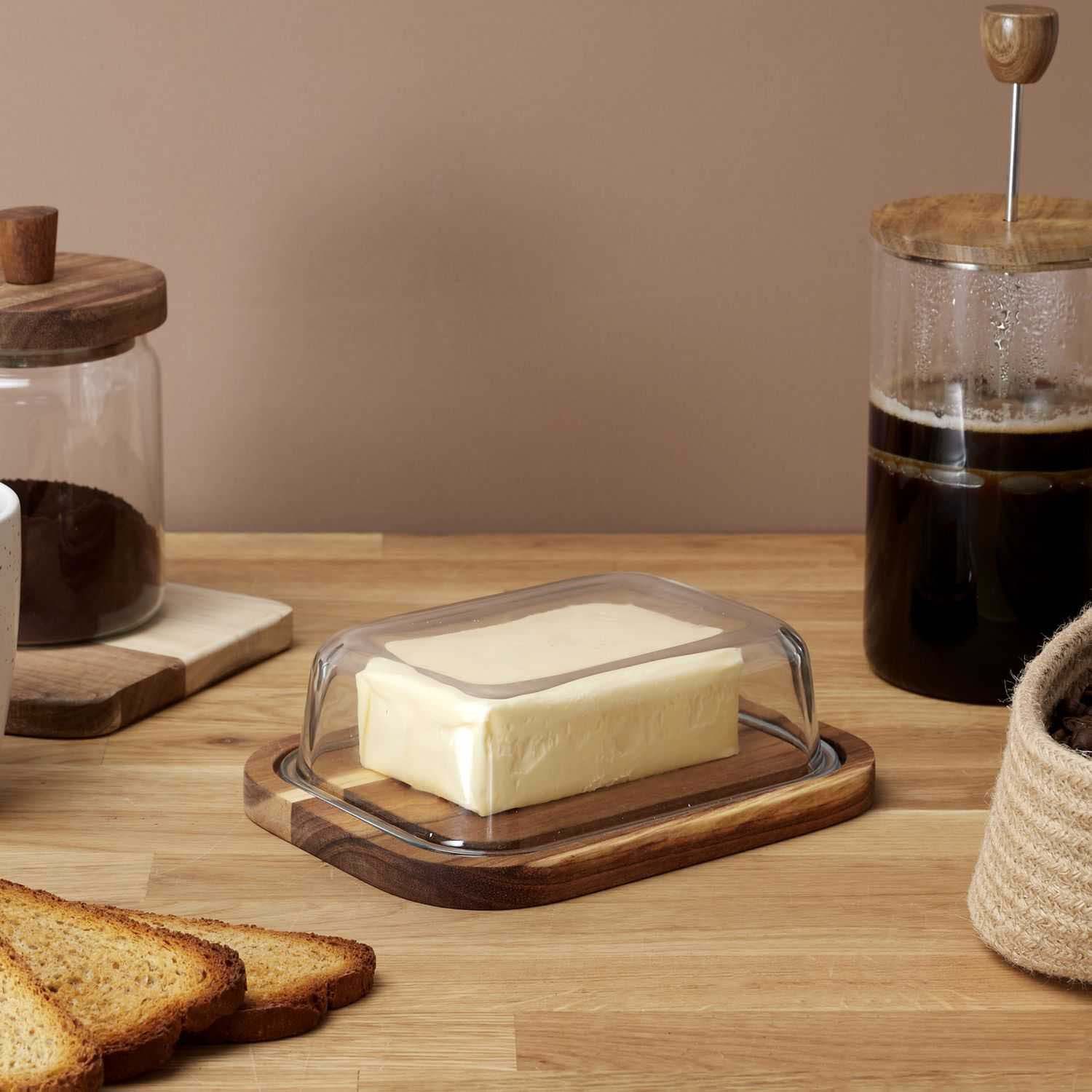 Beurrier en verre et acacia 19 x 14 cm