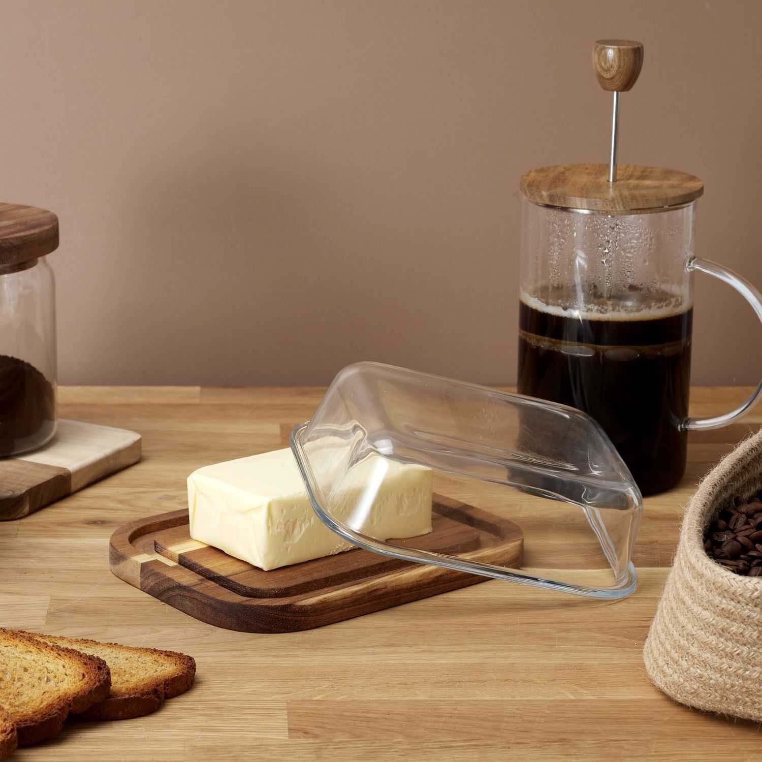 Beurrier en verre et acacia 19 x 14 cm
