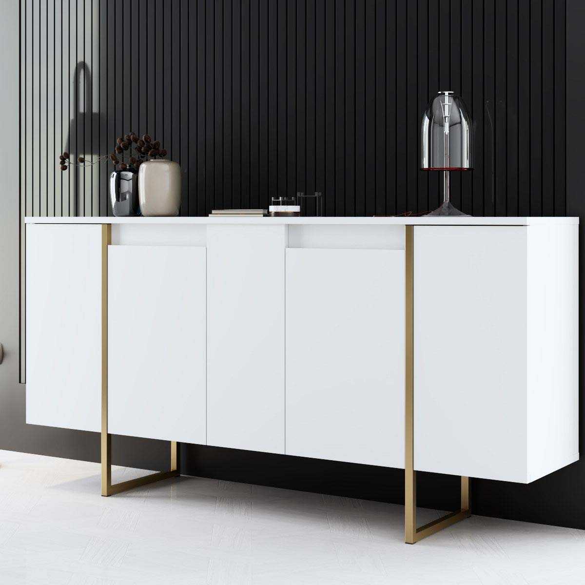 Buffet en aggloméré pieds en métal luxe (blanc et doré)