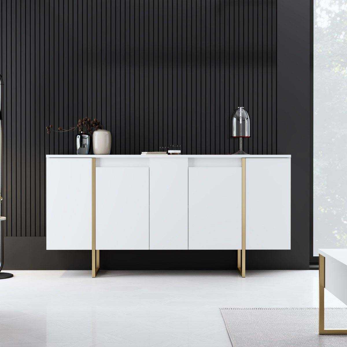 Buffet en aggloméré pieds en métal luxe (blanc et doré)
