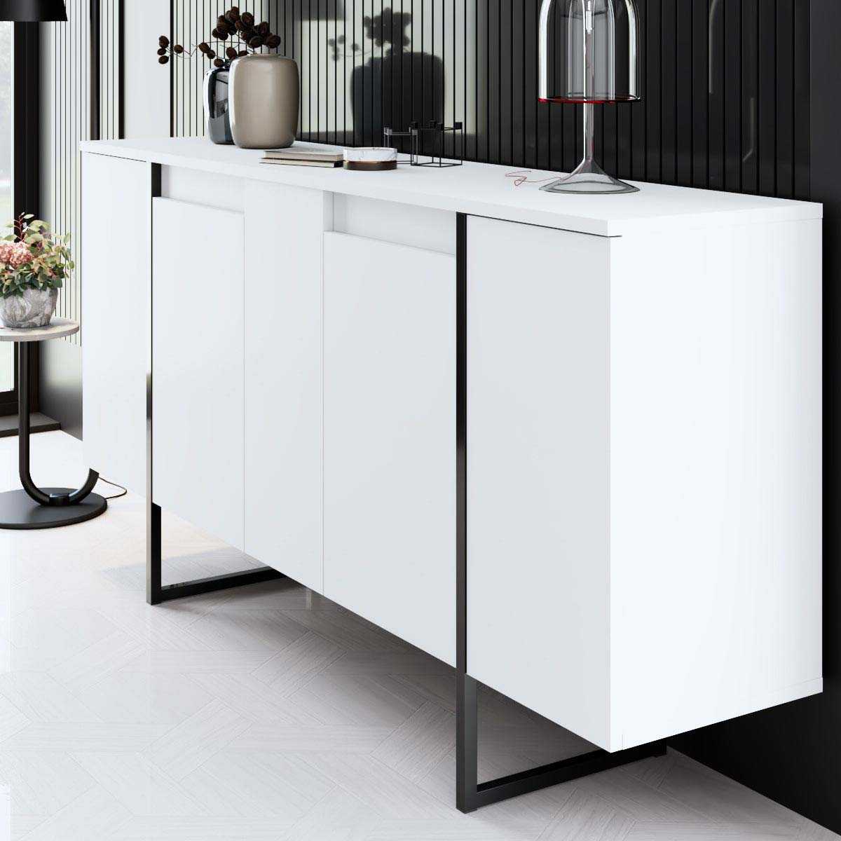 Buffet en aggloméré pieds en métal luxe (blanc et noir)
