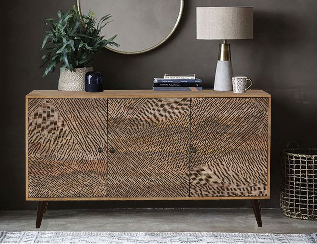 Buffet 3 portes en manguier naturel gravé et teinté SAVAGE - AUBRY GASPARD