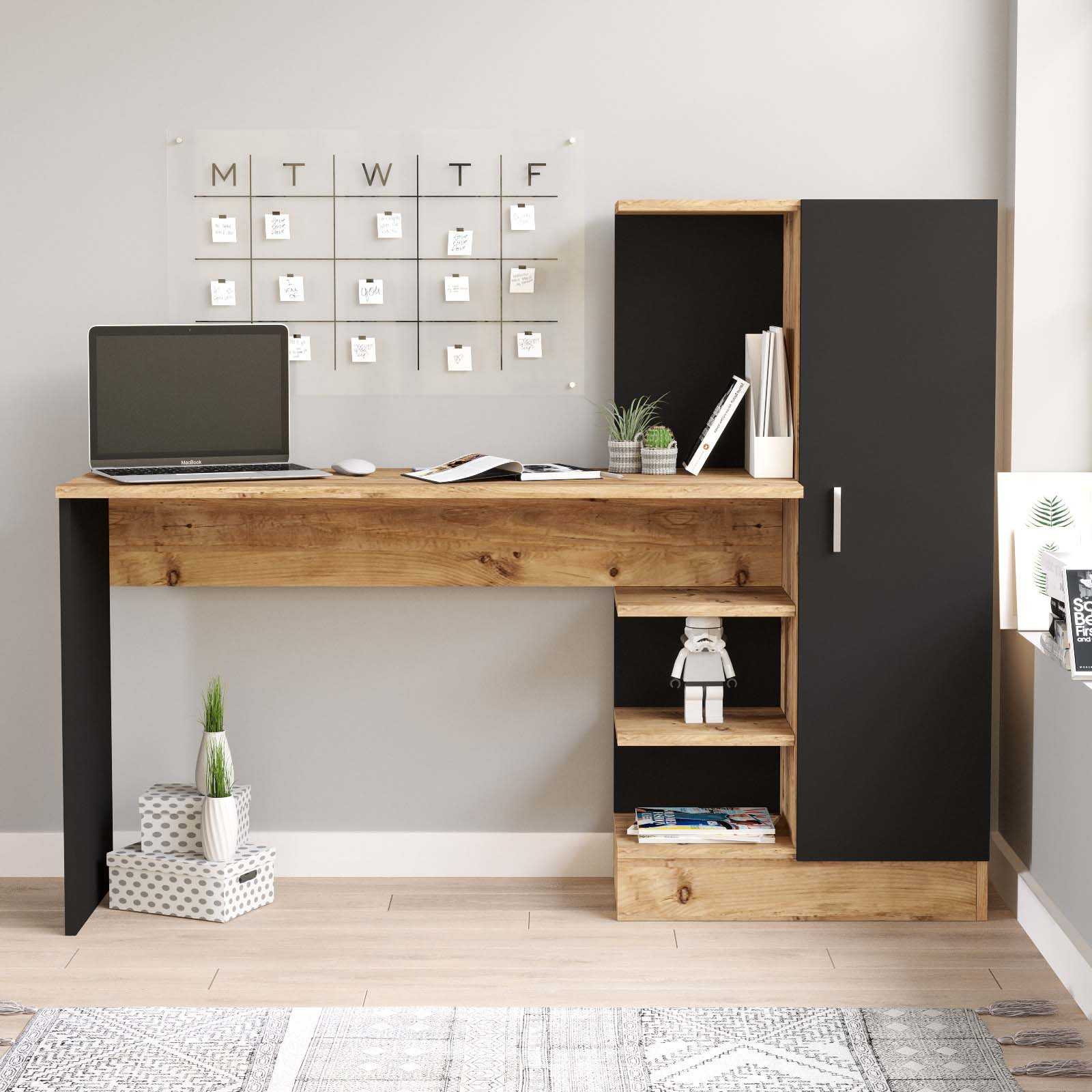 Bureau en aggloméré bicolore avec étagère intégrée (noir et pin)