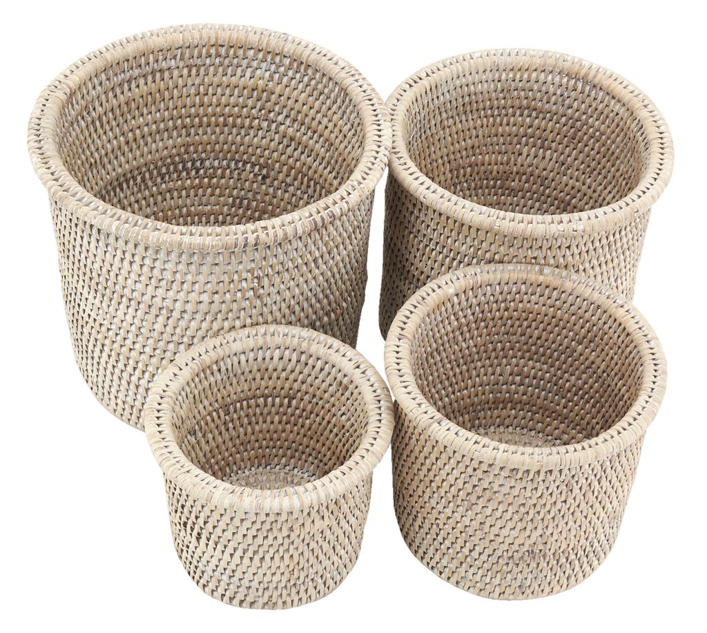 Cache-pot en rotin patiné blanc (lot de 4)