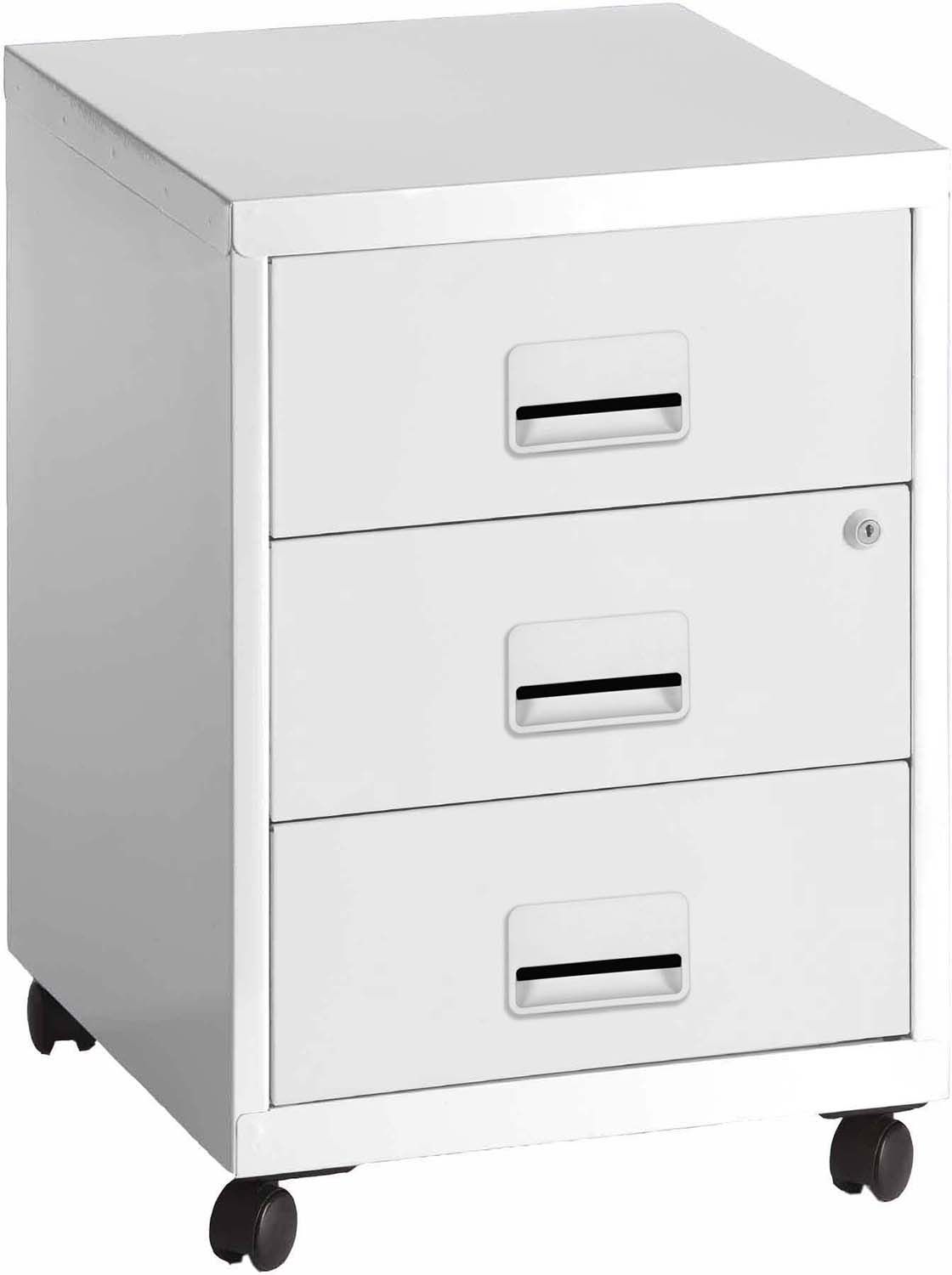 Caisson de rangement 3 tiroirs en acier sur roulettes (blanc mat)