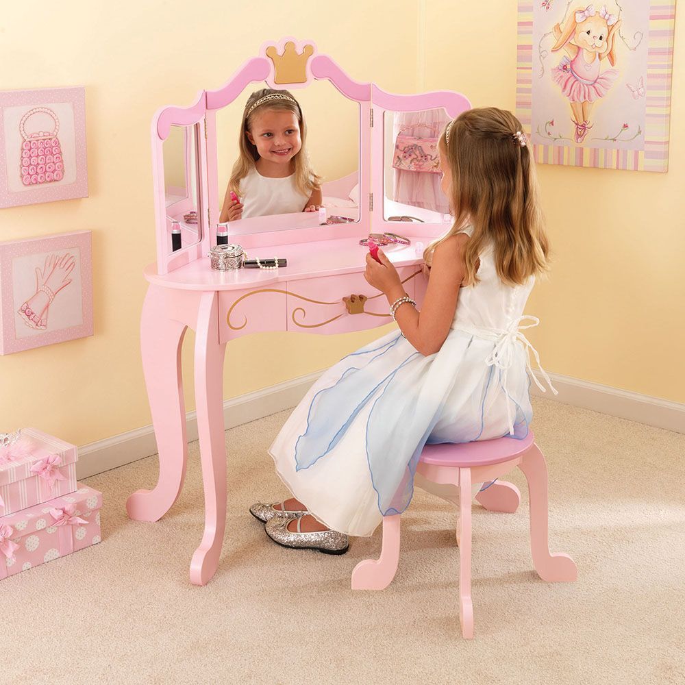 Coiffeuse en bois et tabouret rose pour enfant princesse