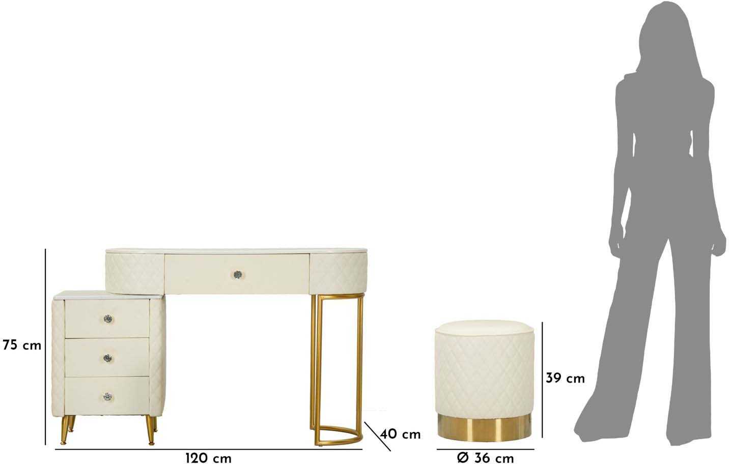 Coiffeuse effet matelassé avec tabouret sharon (blanc et doré)