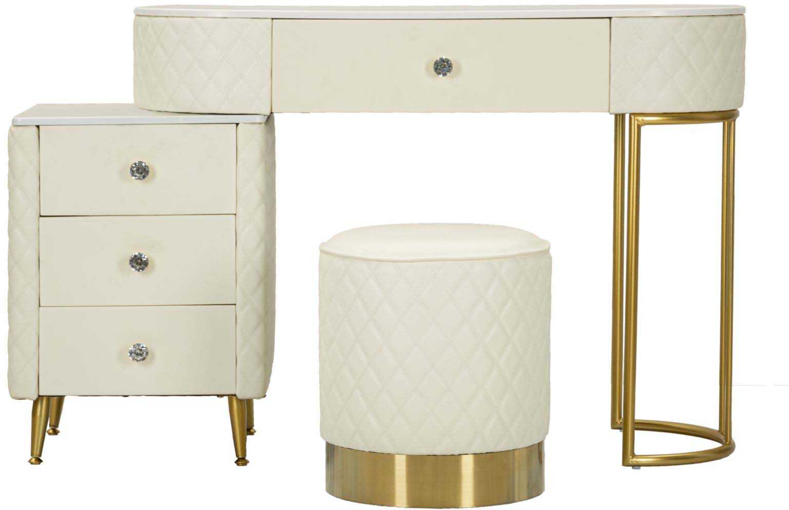 Coiffeuse effet matelassé avec tabouret sharon (blanc et doré)