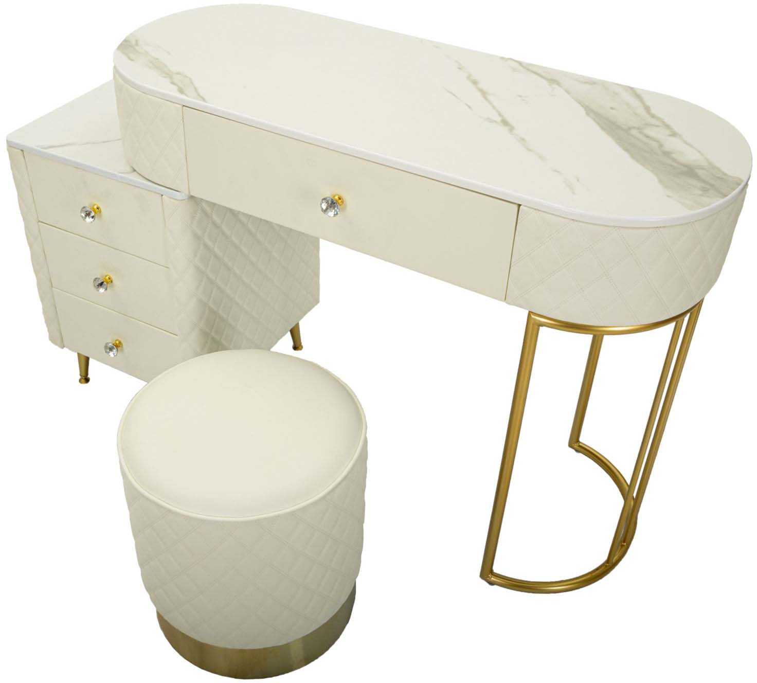 Coiffeuse effet matelassé avec tabouret sharon (blanc et doré)