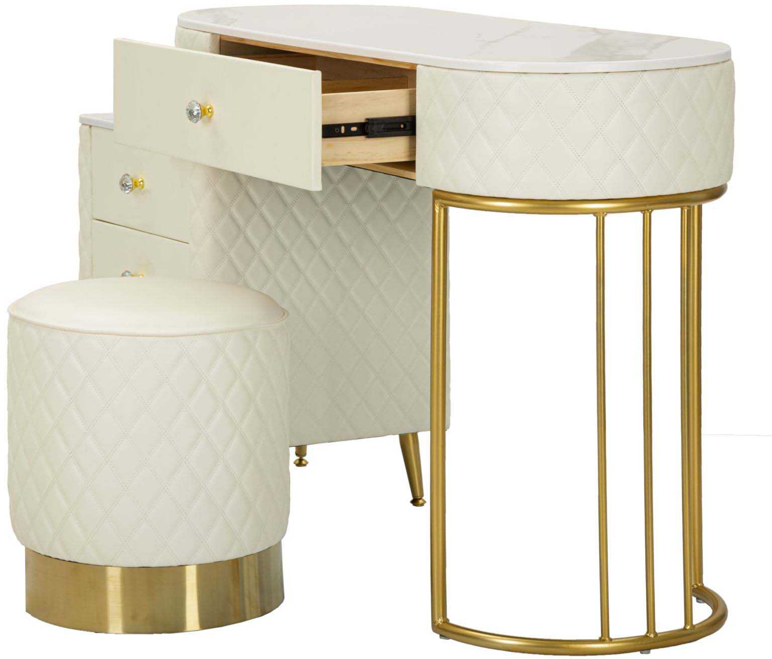 Coiffeuse effet matelassé avec tabouret sharon (blanc et doré)