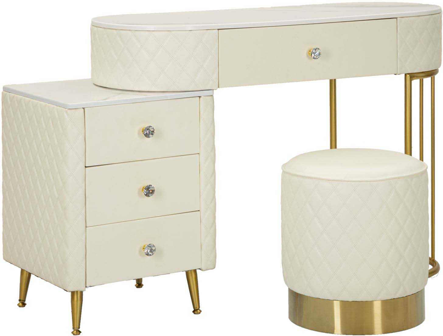 Coiffeuse effet matelassé avec tabouret sharon (blanc et doré)