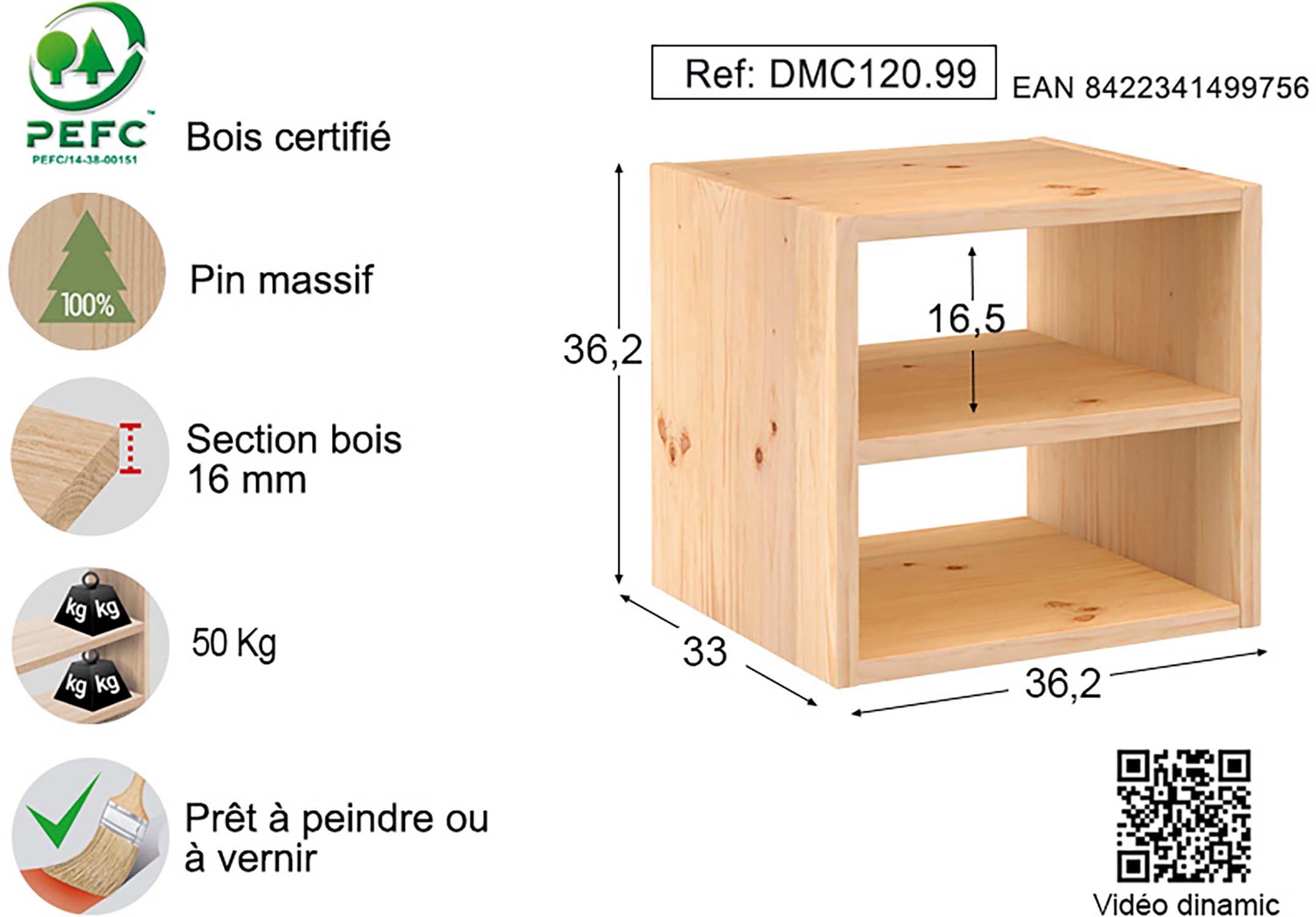 Cube de rangement en pin massif dinamic (tablette intermédiaire)