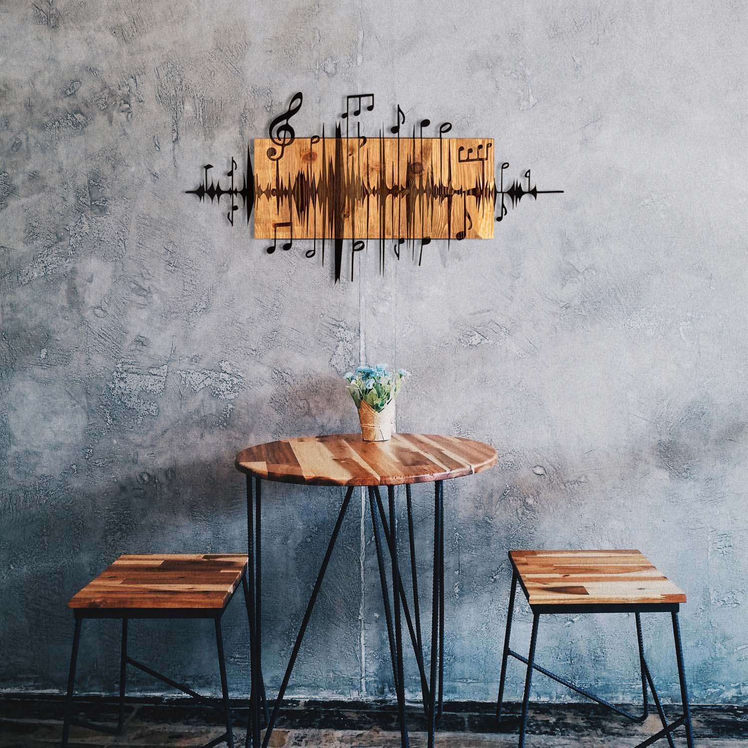 Décoration murale en métal et bois notes de musique 90 x 47 cm