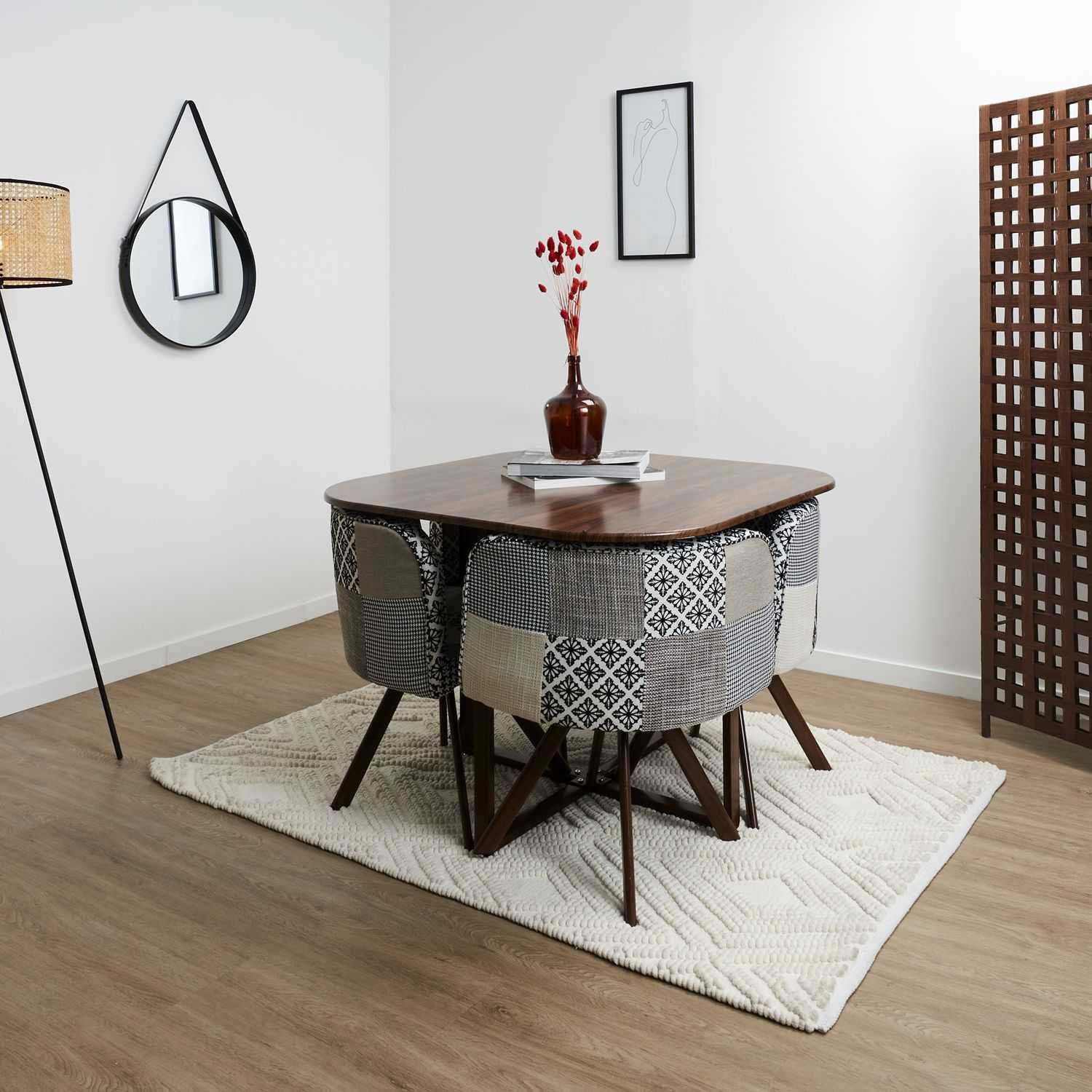 Ensemble table carrée et 4 chaises encastrables patchwork (gris)