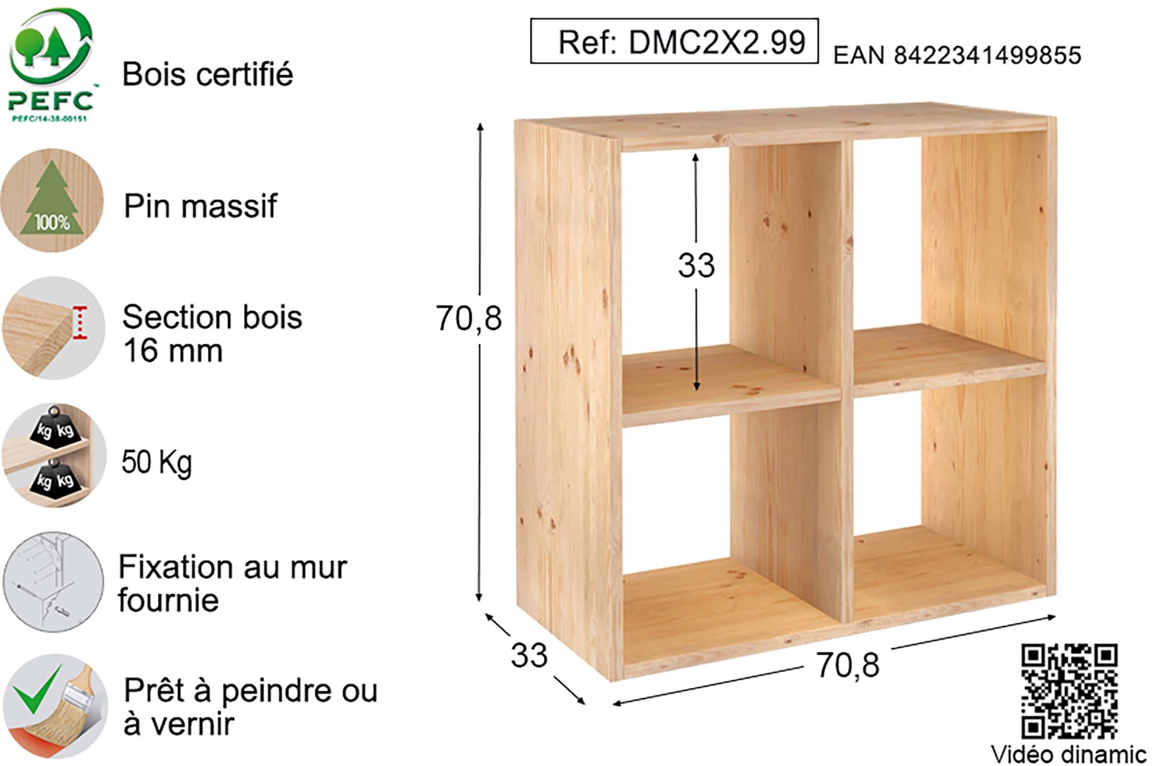 Étagère cubes en bois brut dinamic (4 cases)