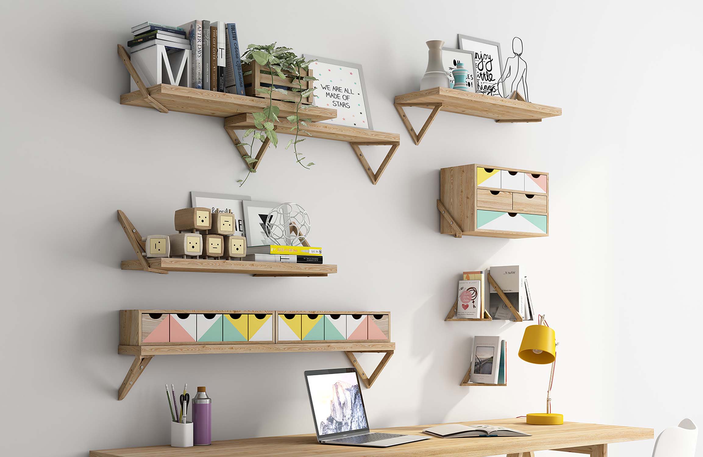 Etagère tablette murale en pin brut (60 x 25 cm)
