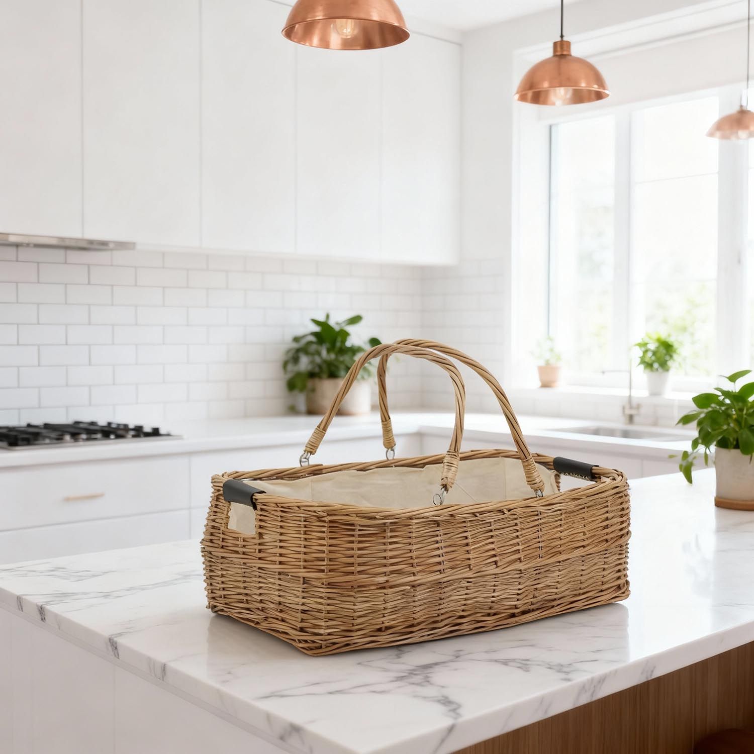 Grand panier rectangulaire en osier et coton