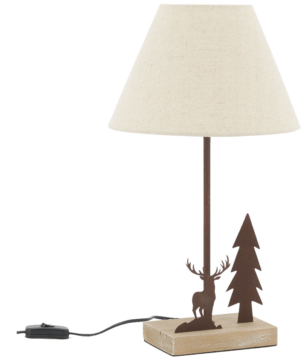 Lampe à poser en métal et pied bois avec décor cerf et sapin - AUBRY ...