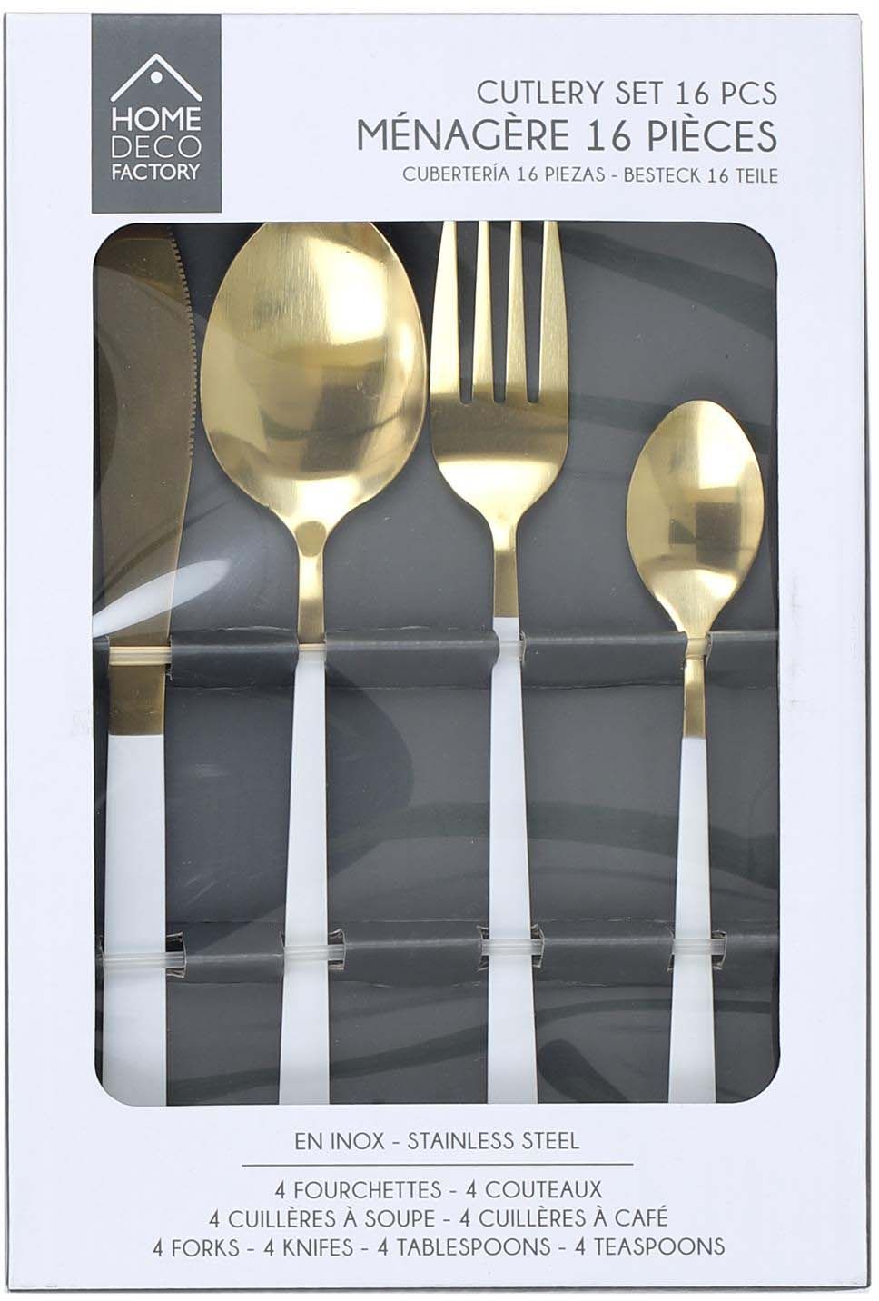 Ménagère 16 pièces en inox doré et blanc