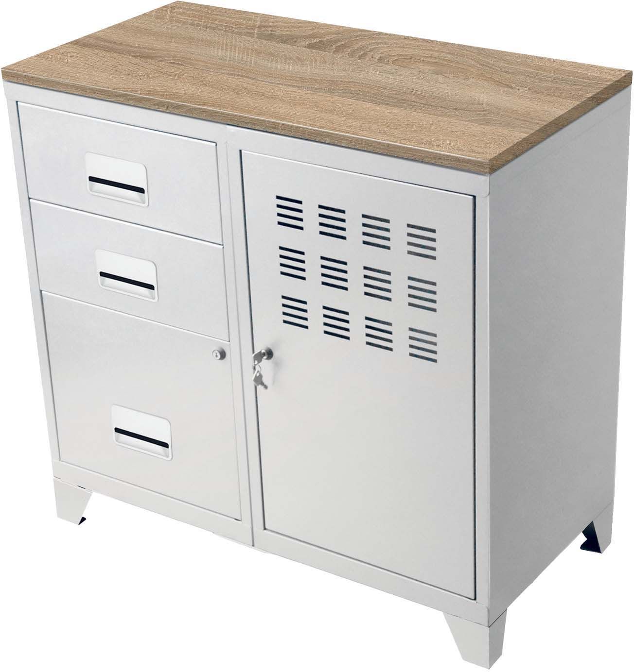 Meuble bureau métal 1 porte 3 tiroirs (blanc mat)