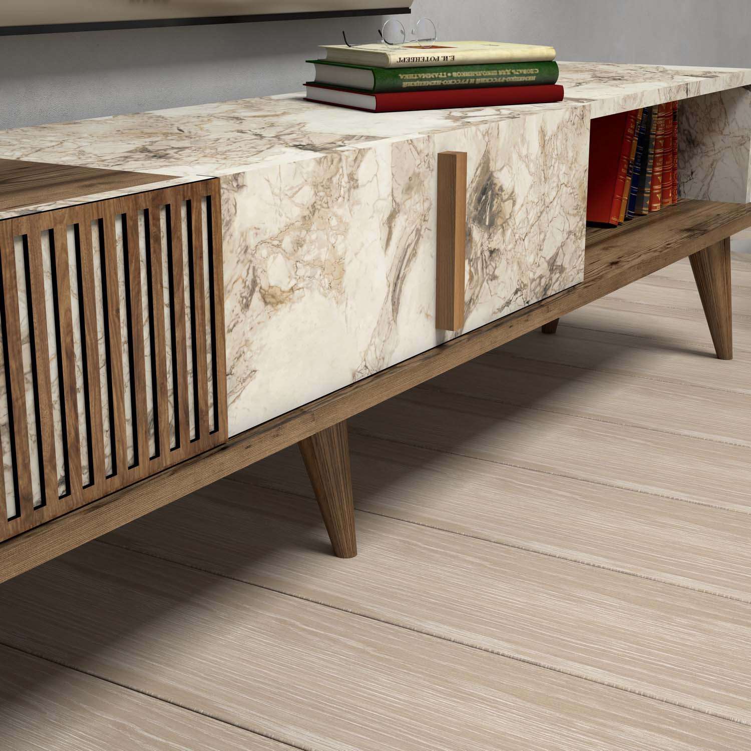 Meuble tv imitation marbre et effet noyer milan