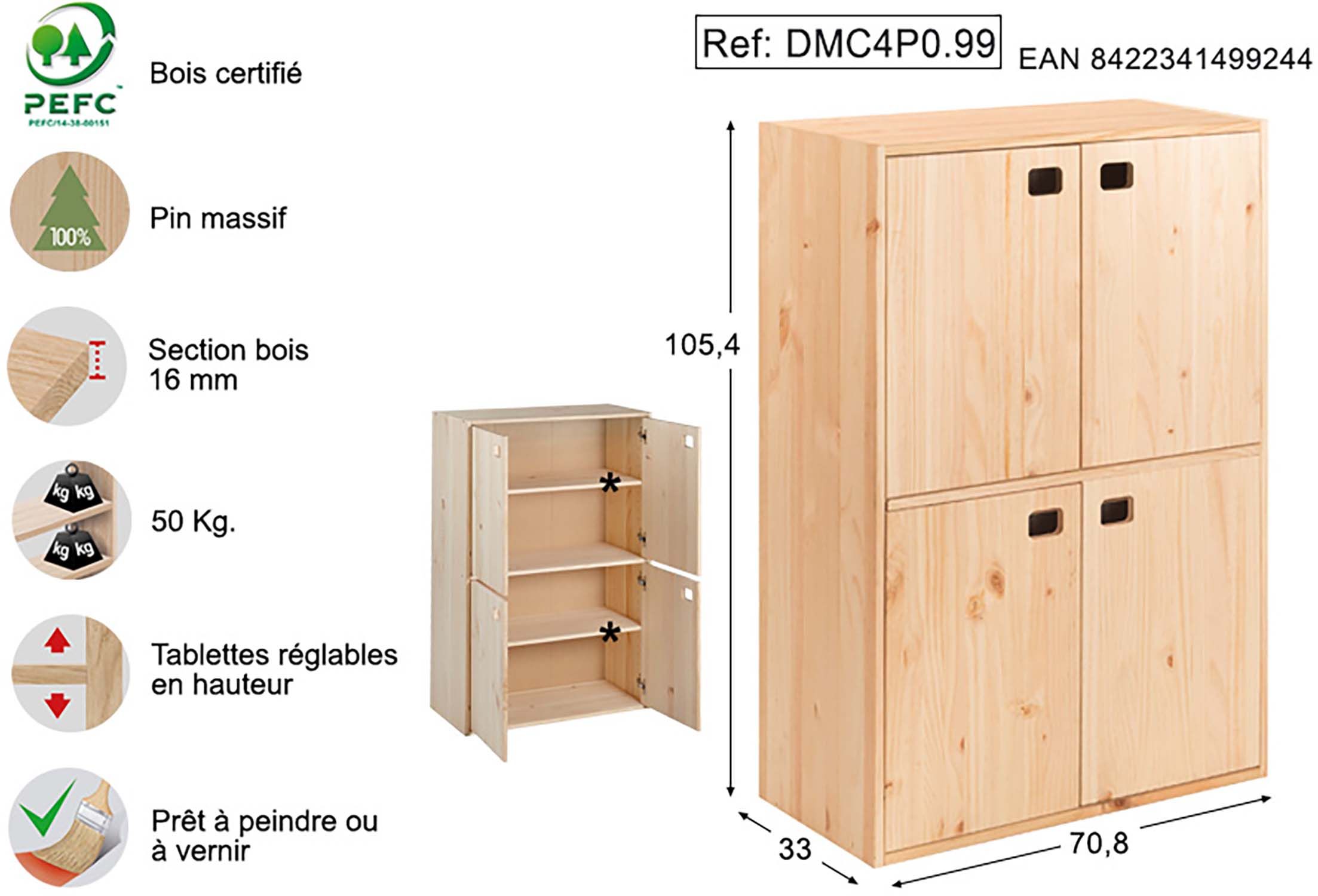 Meuble de rangement en pin 4 portes dinamic