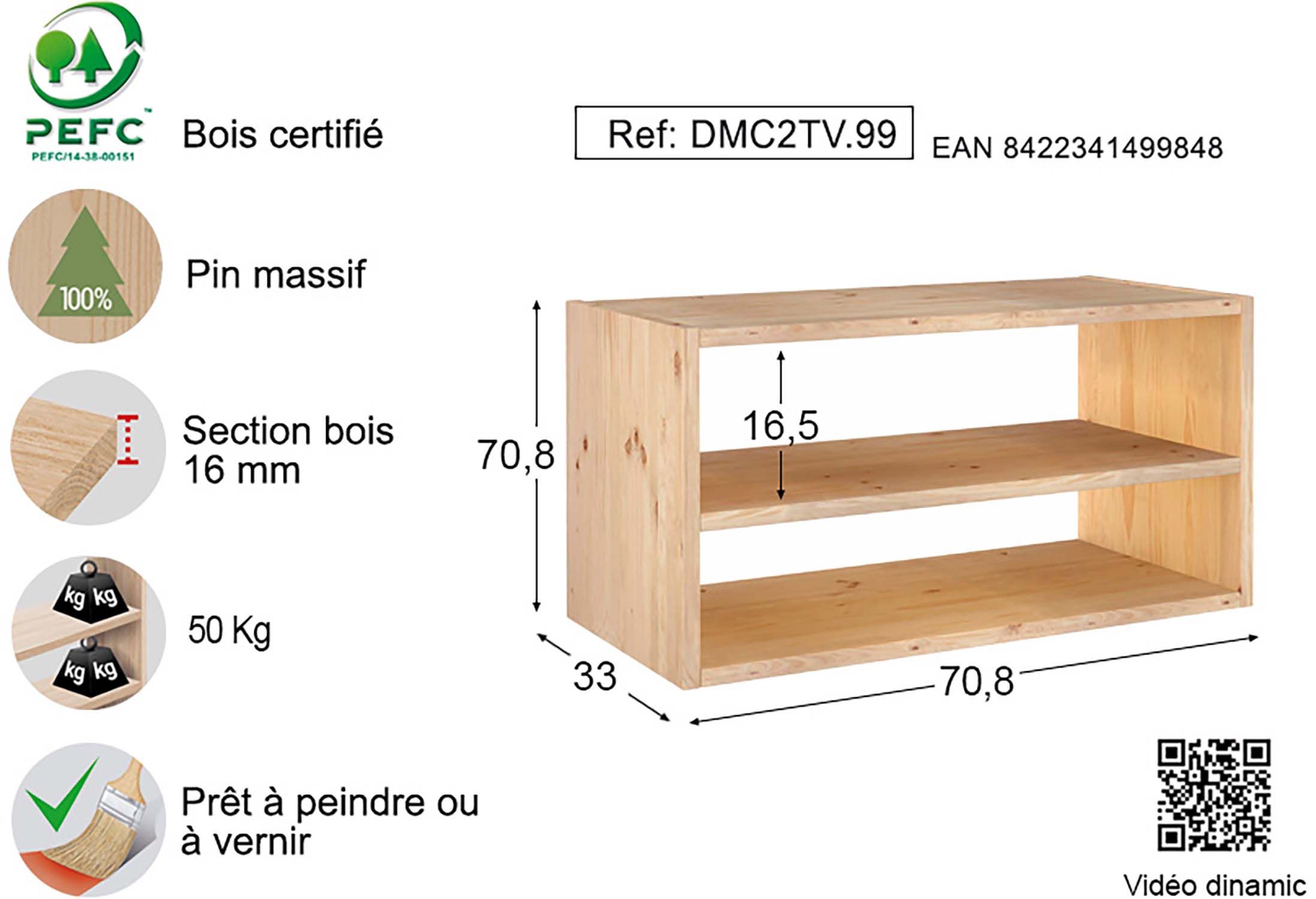Meuble rangement avec tablette en pin massif dinamic