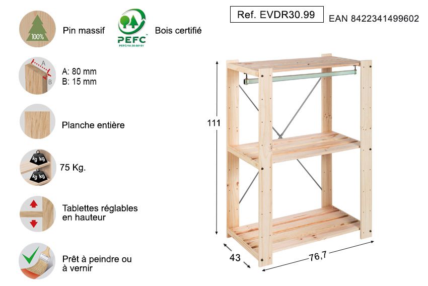 Penderie en pin massif evolution (hauteur 111 cm)