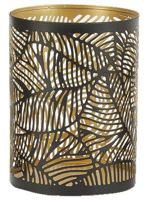 Photophore en métal laqué noir feuilles