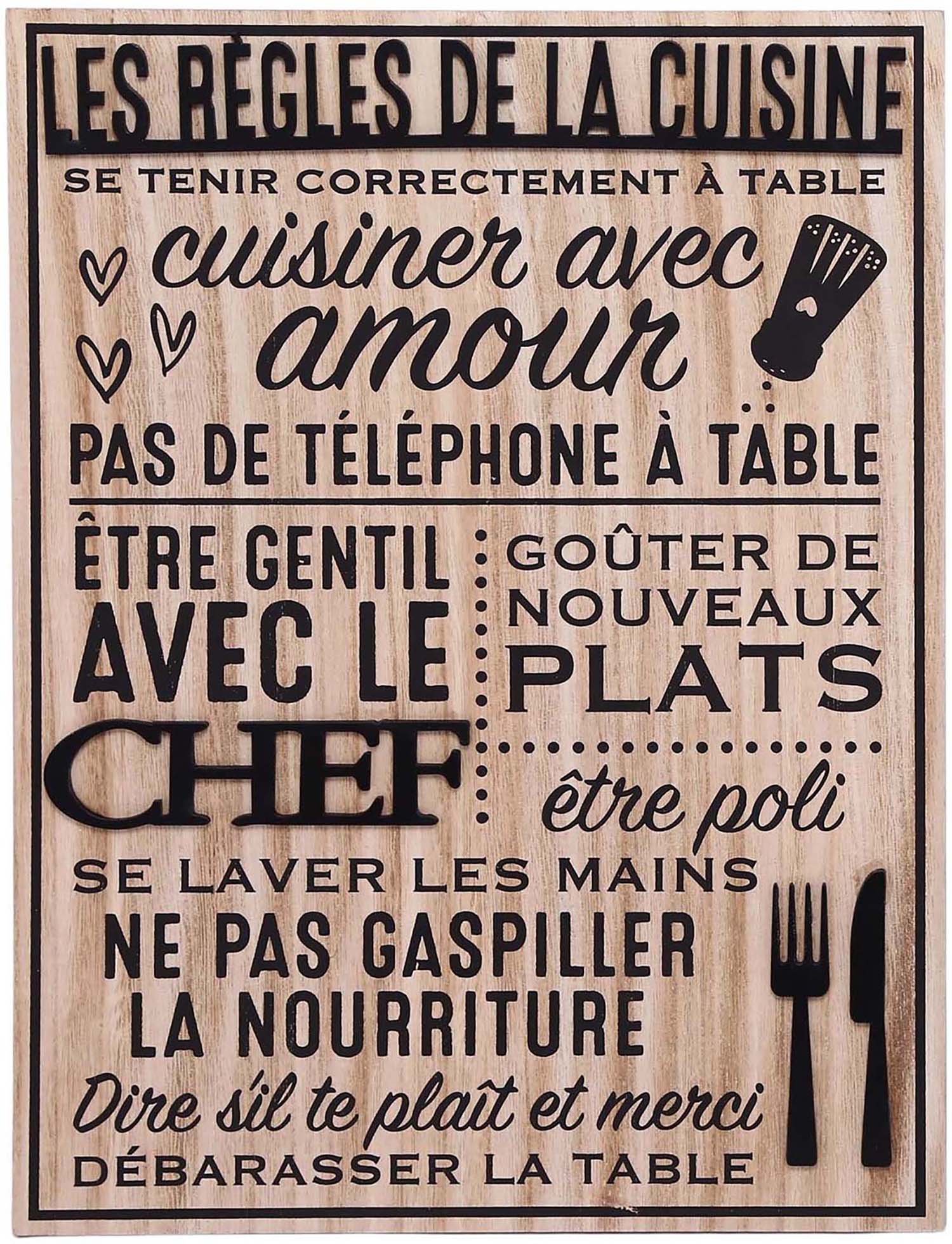 Plaque en bois règles de la cuisine 30 x 40 cm