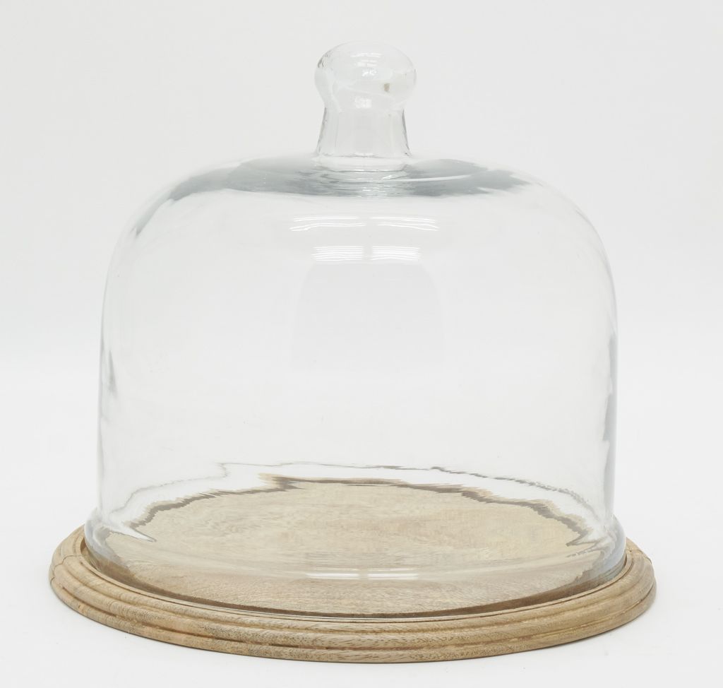 Cloches en verre + plateaux en manguier (lot de 2)