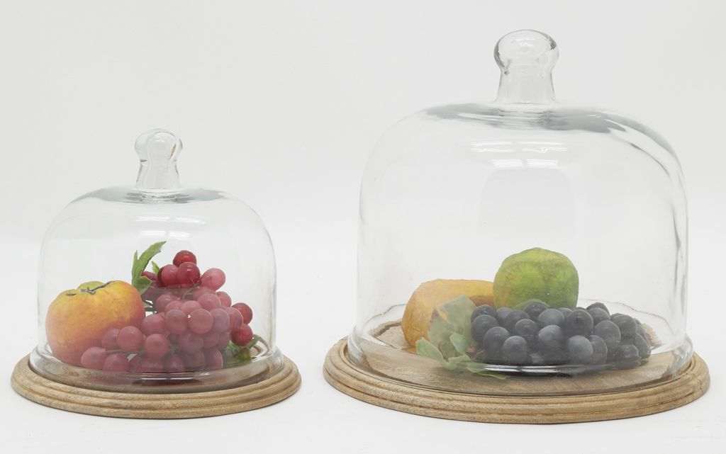 Cloches en verre + plateaux en manguier (lot de 2)