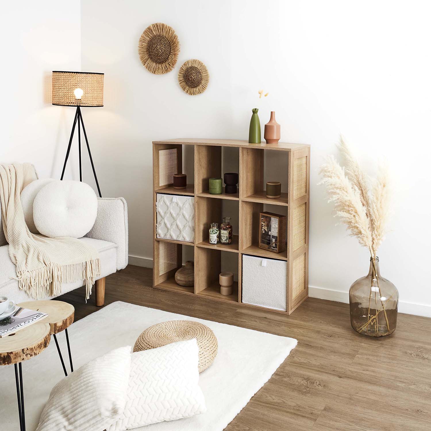 Rangement modulable cannage et bois bali (9 cases)