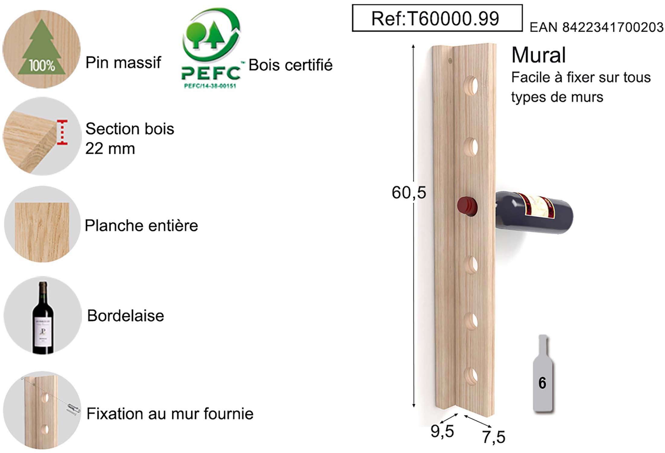Support bouteilles mural en bois 6 bouteilles