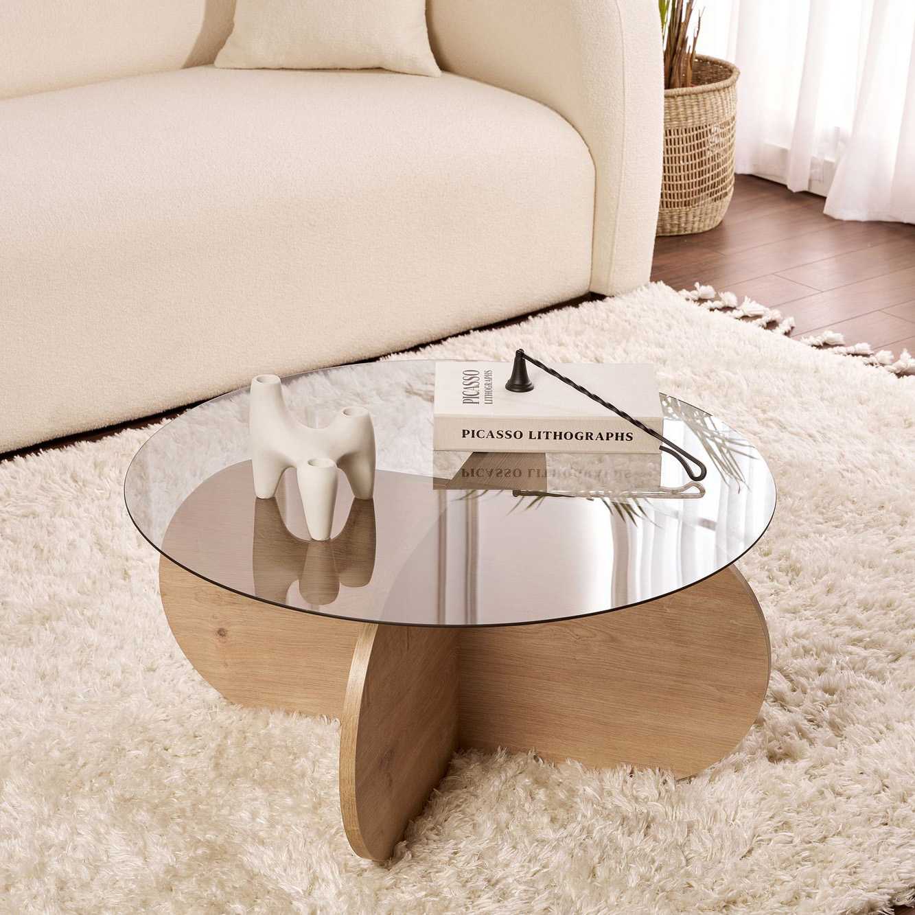 Table basse ronde en verre aeris (chêne, verre fumé)