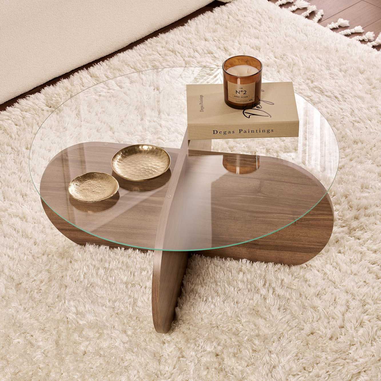 Table basse ronde en verre aeris (noyer, verre transparent)