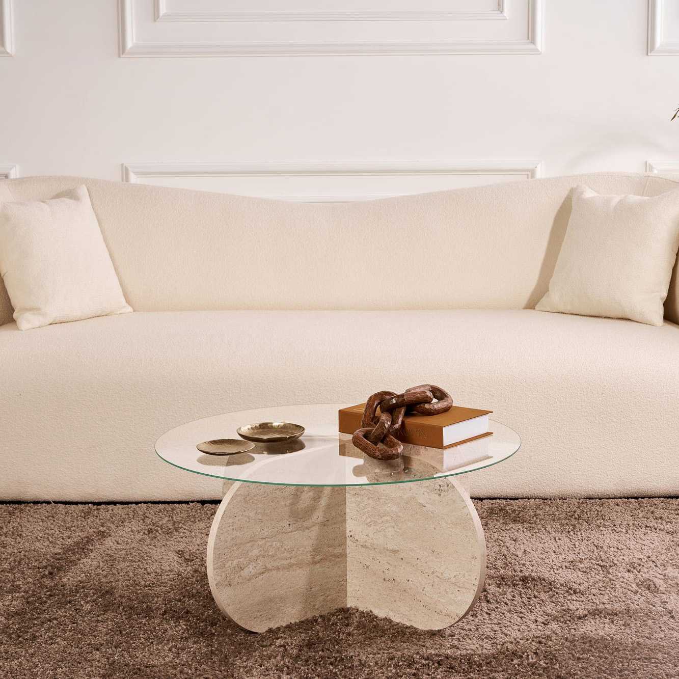 Table basse ronde en verre aeris (travertine, verre transparent)