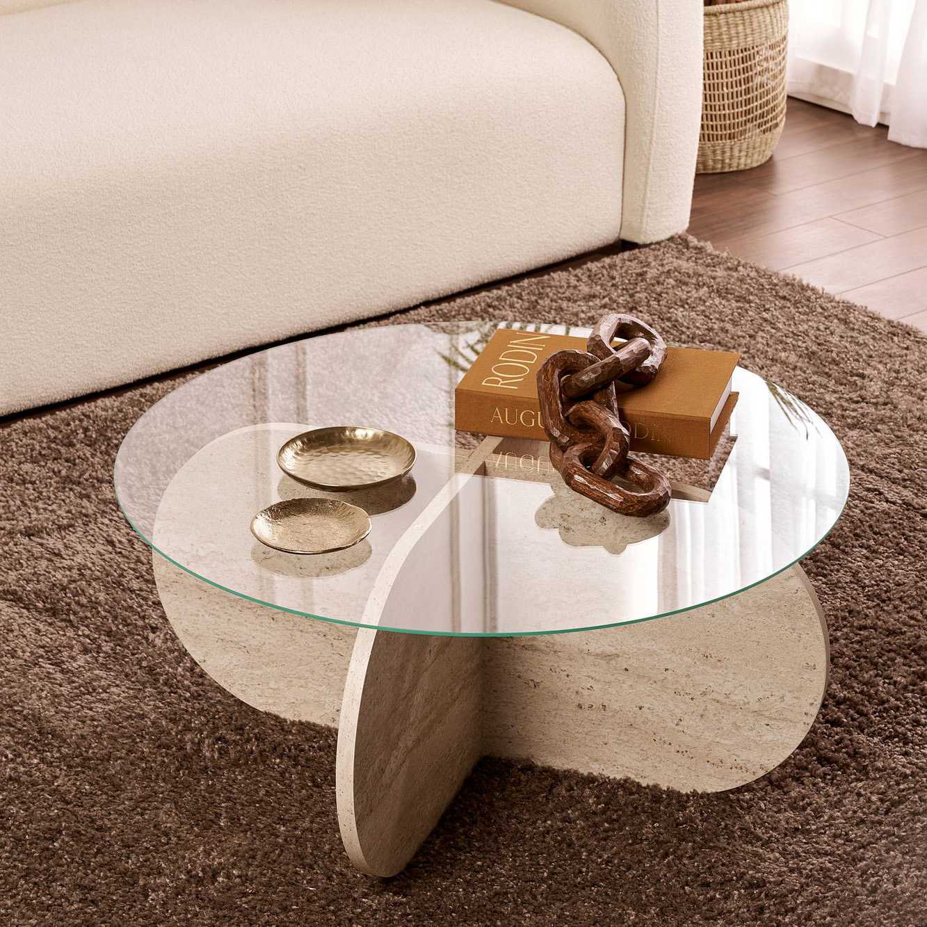Table basse ronde en verre aeris (travertine, verre transparent)