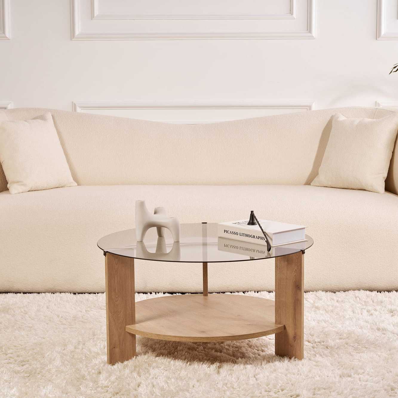 Table basse ronde en verre clara (chêne, verre fumé)