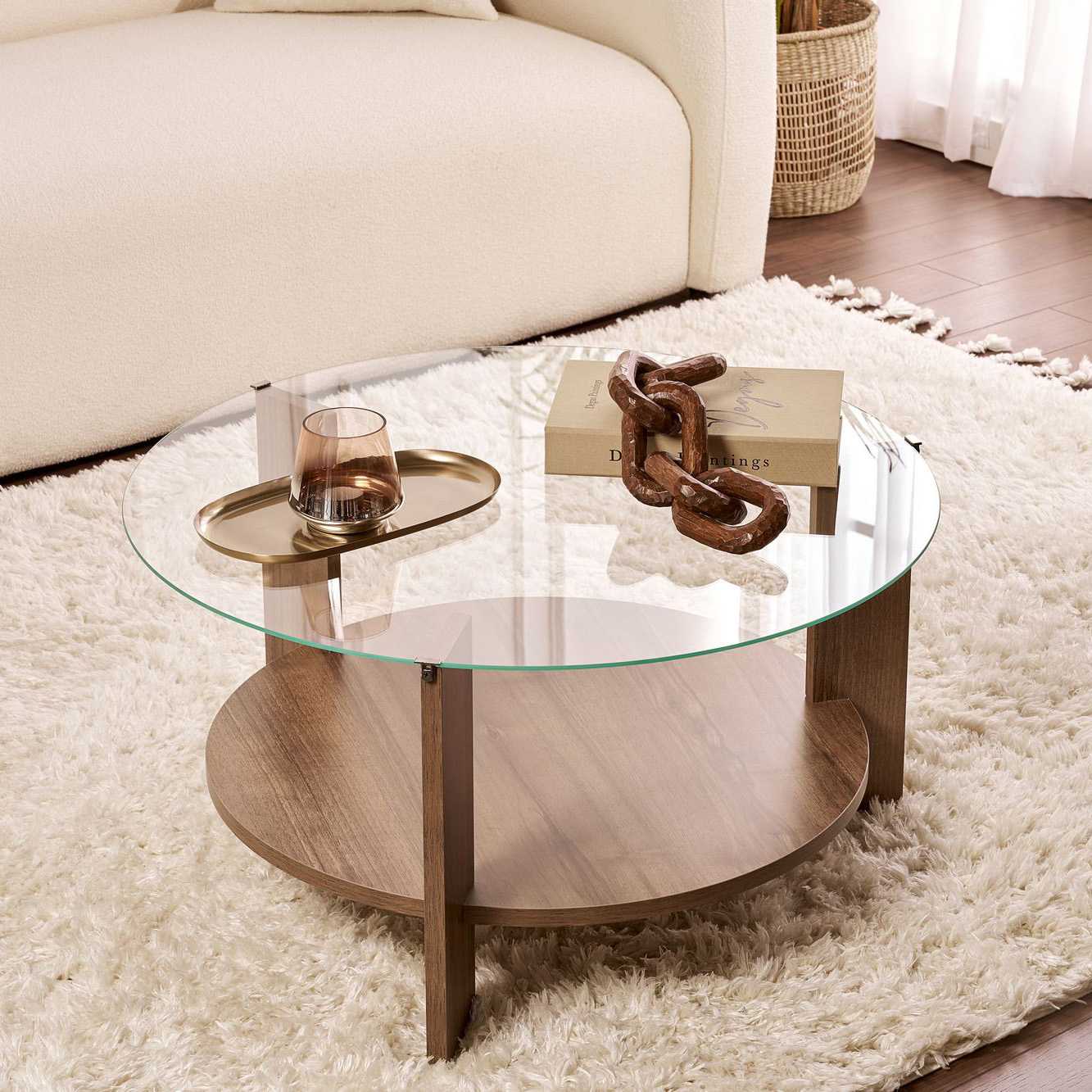 Table basse ronde en verre clara (noyer, verre transparent)