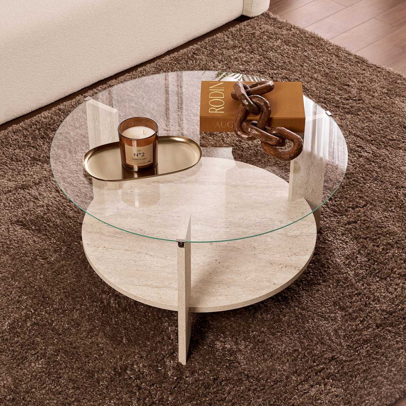 Table basse ronde en verre clara (travertine, verre transparent)