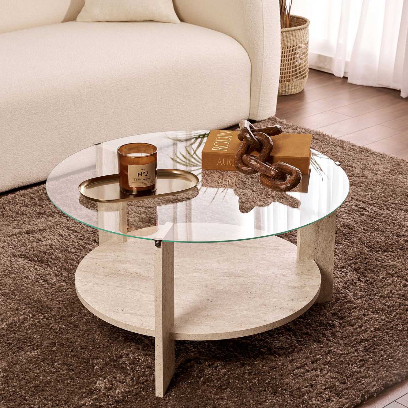 Table basse ronde en verre clara (travertine, verre transparent)