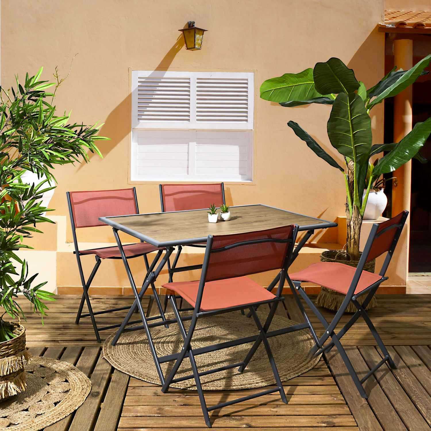 Table pliable en métal anthracite et effet bois barcelone (110 x 70 cm)