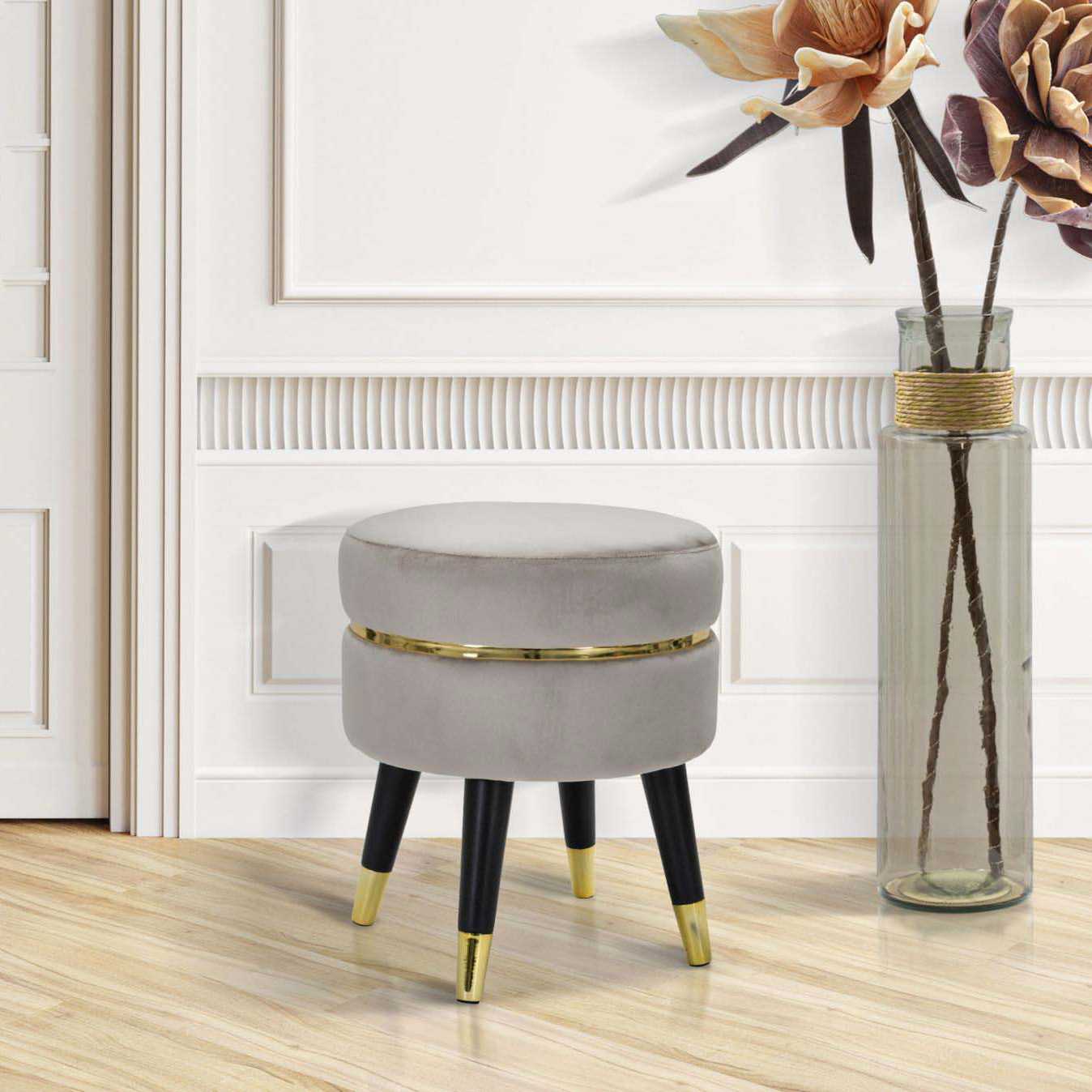 Tabouret bas en tissu paris 35 x 40.5 cm (gris et doré)