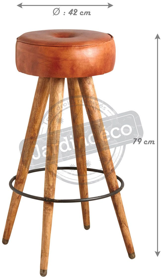 Tabouret en cuir de buffle avec pieds bois
