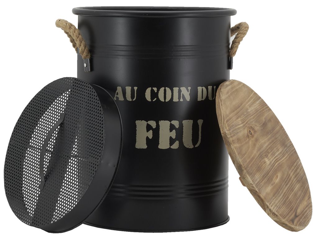 Tabouret et seau à pellets en métal noir et bois Au coin du feu - AUBRY ...