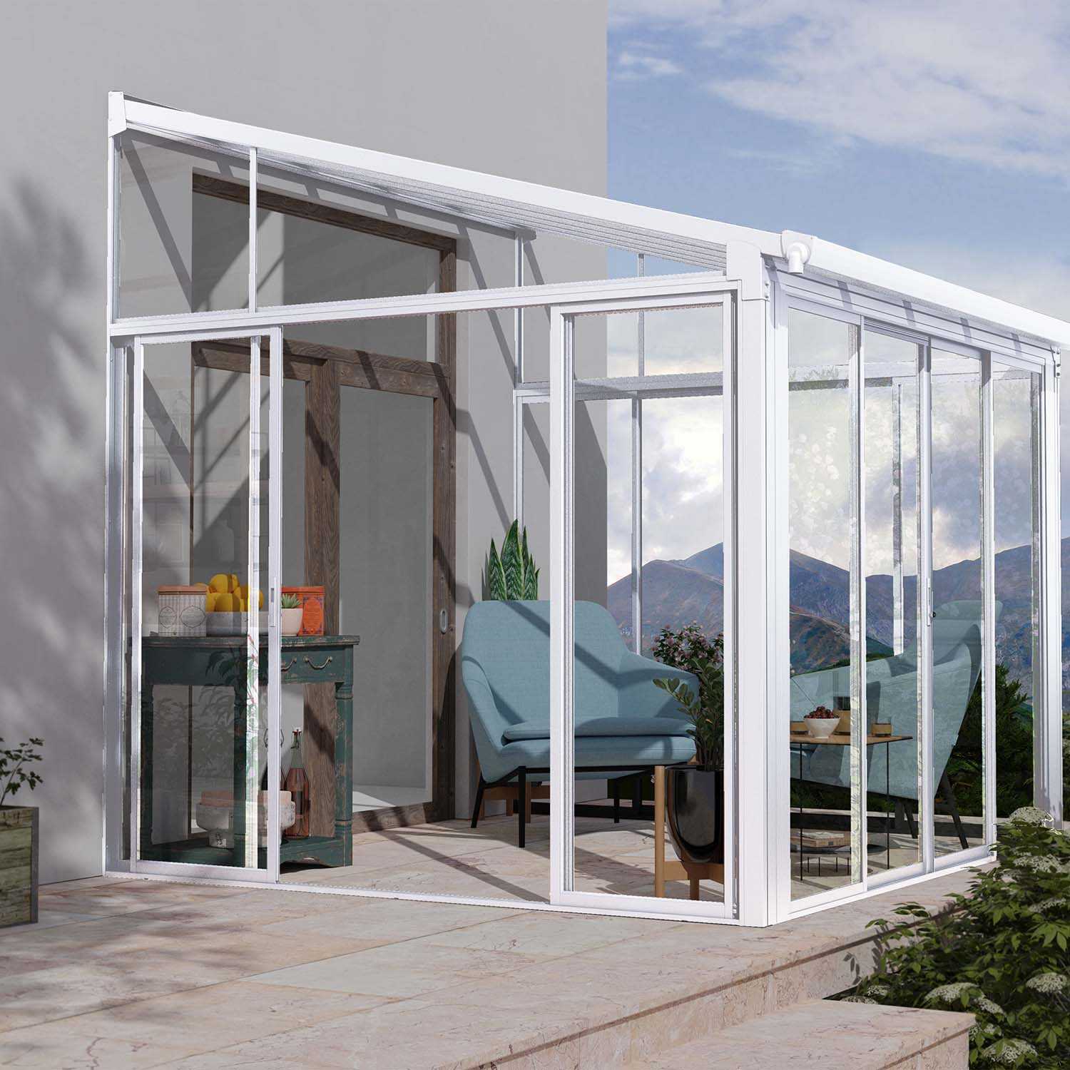 Véranda en aluminium blanc et polycarbonate sanremo (9.2m²)