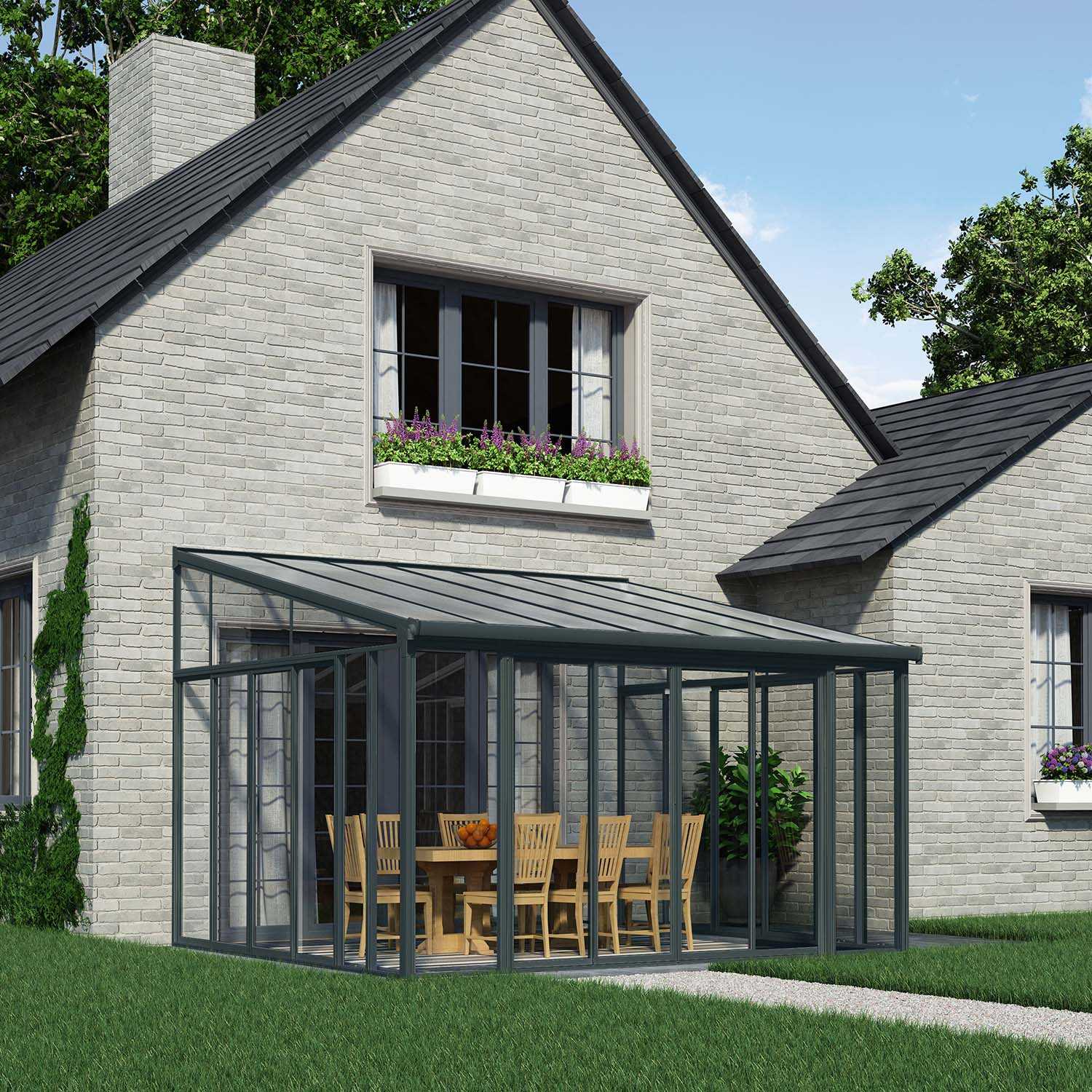 Véranda en aluminium gris et polycarbonate sanremo (16.5m²)