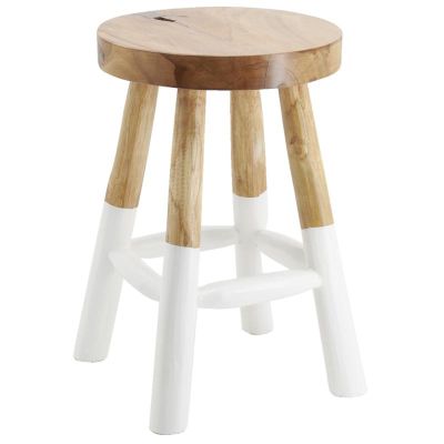Tabouret bas rond en teck massif naturel et blanc arden